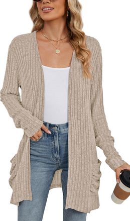 Feoya Leicht Strickjacke Damen Elegant Gerippt Cardigan mit Taschen Open Front Sweater Casual Top Herbst Winter Outerwear Braun L