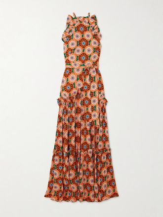 Borgo De Nor Tatiana Maxikleid Aus Bedrucktem Crêpe Mit Rüschen Und Bindegürtel - Orange