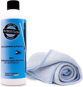 Tom Robertson Billardqueue Oberteil Reiniger 2in1 mit Wachs-Effekt. Cue-Shaft Cleaning/Wax and Conditioner, inkl. Tuch, 200ml. Optimale Pflege, frei von L&ouml;sungsmitt