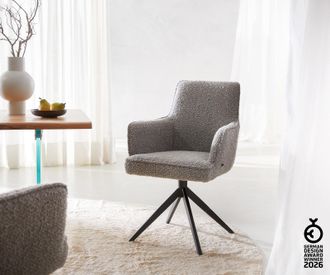 DELIFE Drehstuhl Heira-Flex mit Armlehnen Boucl&eacute; Silbergrau Kreuzgestell breit Schwarz 360&deg; drehbar Taschenfederkern, Esszimmerst&uuml;hle