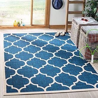 Safavieh Geometrisch Teppich für Wohnzimmer, Esszimmer, Schlafzimmer - Wasserdicht - Courtyard Collection, Kurzer Flor, Marine und Beige, 79 X 152 cm