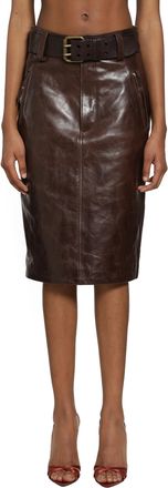 Saint Laurent Belted Pencil Skirt in Creased Leather