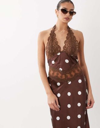 Lioness Solana - Robe courte dos nu en satin &agrave; pois et empi&egrave;cement transparent - Chocolat et cr&egrave;me-multicolore