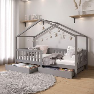 IDIMEX Hausbett ELEA aus massiver Kiefer, Kinderbett mit Rausfallschutz 90x200cm, Spielbett mit Dach in grau