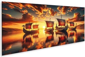Islandburner Tableau sur toile Mer dor : Navires vikings au coucher du soleil Images murales Poster