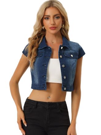 Allegra K Damen kurze Jeansjacke Jacke Kurzarm Sommer Kn&ouml;pfen Stretch Denim Crop Westen Weste Dunkelblau XL