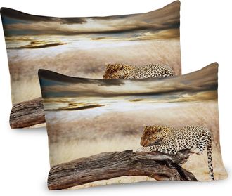 Abakuhaus Safari Kissenbezug Packung mit 2, Leopard, der drastischen bewölkten Himmel Afrika Safari Wild Cats Nature Bild, Dekorativer Standard Gedruckter Kisse