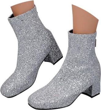Generic Bottines &agrave; paillettes pour femme avec strass et talons &eacute;pais avec fermeture &eacute;clair lat&eacute;rale, bout rond, talon bloc bas, court, habill&eacute;, confortable, d