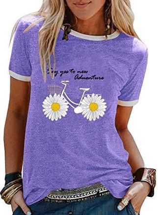 ORANDESIGNE Femme T-Shirt à Manches Courtes Col Rond Motif Marguerite Blouse Été Loose Tee Shirt Top A Purpúreo XL