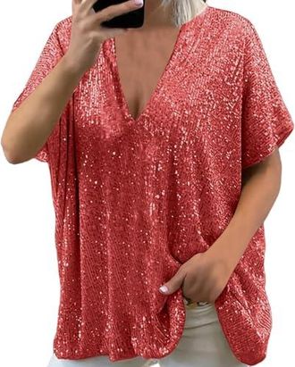 Generic Top Paillette Femme Sexy- Tee Shirt Grande Taille,Haut Femme Chic Manches Courtes Brillante Lâche Grâce Tuniques Loisirs Pull-Over Col V Sequins Mode 