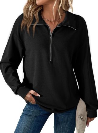 Dokotoo Pullover Damen Sweatshirt Ohne Kapuze Herbst Langarm 1/4 Rei&szlig;verschluss V-Ausschnitt Oberteile L&auml;ssig Locker Tunika Tops Einfarbig Waffel Stricken Obe