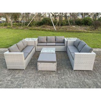 Fimous Fimous Polyrattan Gartenm&ouml;bel im Freien mit Sofa Quadrat Couchtisch Hocker 2 Beistelltisch Helles Grau