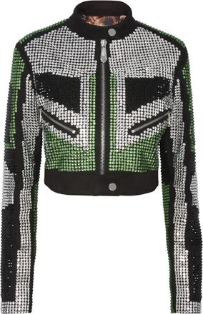 Philipp Plein Femme, Vestes, Multicolore, Taille: 38 FR Cropped Leather Biker Jacket Strass