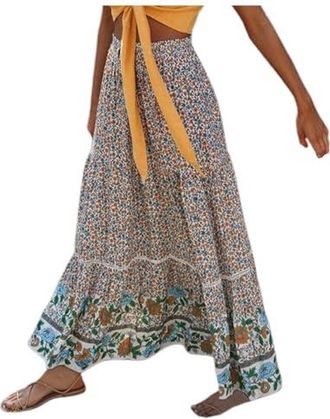 Generic Robe boh&egrave;me d&eacute;t&eacute; 2026 pour femme - Jupe de plage boh&egrave;me en dentelle crochet&eacute;e - Rayonne - Maxi avec placement - Imprim&eacute; floral, beige, XL