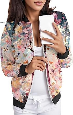 Generic Manteau pour Femmes Vestes Quotidiennes appropriées Veste zippée légère Manteau imprimé Fleuri col Montant vêtements de Sport Courts Coupe Vent Imperm