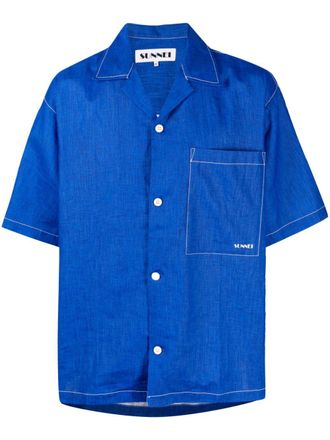 Sunnei chemise en lin &agrave; col cubain - Bleu
