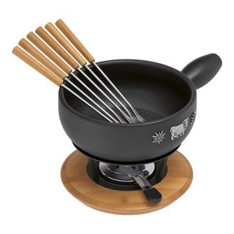 Kuhn Rikon K&auml;sefondue-Set aus wei&szlig;em Ton, 23 cm, inklusive 6 Gabeln mit Bambusgriffen, geeignet f&uuml;r alle Herdarten (auch Induktion), perfekt f&uuml;r Partys, entworfe