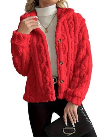 Generic Veste de lit chaude &agrave; manches longues pour femme - Col montant - Cardigan dhiver doux et confortable en sherpa, Rouge, XXL