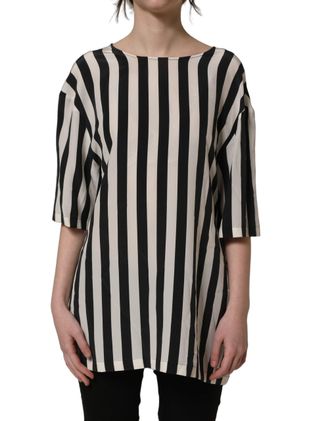 Dolce & Gabbana Womens Black White Stripes Round Neck Blouse Top Silk