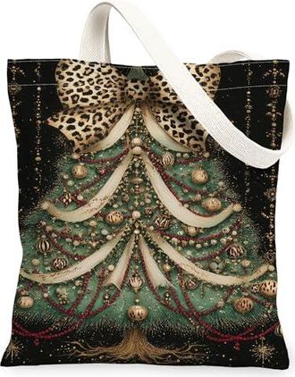 Generic Sacs fourre-tout en toile motif sapin de No&euml;l, sacs d&eacute;picerie r&eacute;utilisables, vintage, festifs, l&eacute;gers et lavables en toile pour le shopping, les voyag