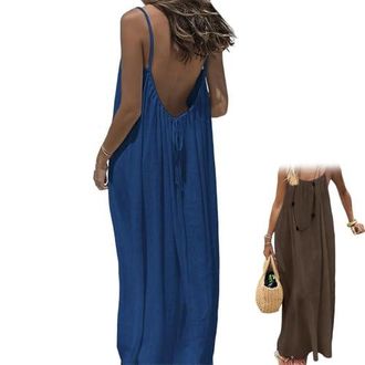 Generic Robe caraco dos nu de couleur unie pour femme, robe longue d&eacute;contract&eacute;e pour la plage, les vacances, bleu, XL
