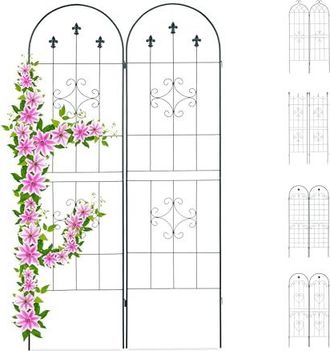 Relaxdays Rankgitter 2er Set, Metall, 180 x 50 cm, Vintage Rankhilfe Garten, Rundbogen & Spitze, zum Stecken, dunkelgrün, Design D