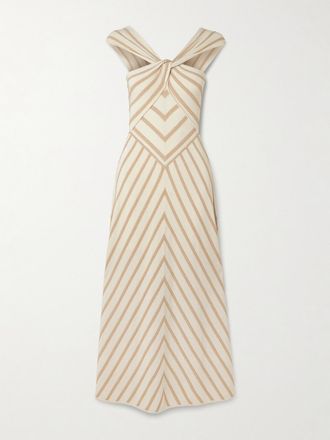 Zimmermann Luna Twisted Striped Metallic Knitted Midi Dress - Neutrals