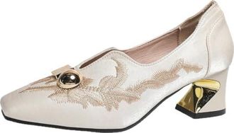 Generic Escarpins r&eacute;tro &agrave; bout carr&eacute; pour femme - Design en m&eacute;tal brod&eacute; - &Agrave; enfiler - Style d&eacute;contract&eacute; et &eacute;l&eacute;gant, beige, 40.5 EU