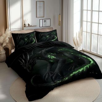 Generic Fantasie Thema Mikrofaser Bettbezug 150 x 200 cm, Ranken & Schwarzer Drache Muster Bedruckter Bettwäsche-Set mit 2 Kissenbezug - Schwarz weich Wendebe