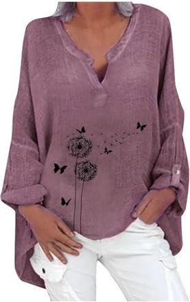 Generic Chemisier Femme Coton Lin Grande Taille en D&eacute;contract&eacute; Chemisiers Et Blouses &Eacute;t&eacute; &Agrave; Manches Longues Col V Amples Hauts L&eacute;ger Respirant Tunic &Agrave; La Mode 