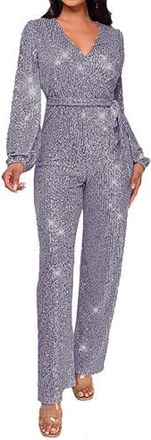 Generic Combinaison &agrave; paillettes &agrave; manches longues et col en V - Combinaisons pour femmes - Combinaison &eacute;l&eacute;gante pour femme - Pantalon long droit large avec p