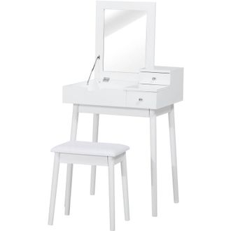 HOMCOM Homcom - Coiffeuse table de maquillage avec tabouret miroir rabattable coffre + 2 tiroirs mdf bois massif pin blanc