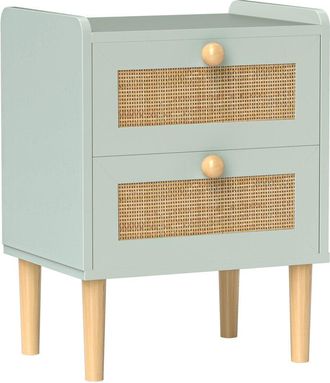 HOMCOM Table de chevet - HOMCOM - 2 tiroirs - design boh&egrave;me en r&eacute;sine tress&eacute;e - 39,8 x 30 x 52,5 cm - vert olive