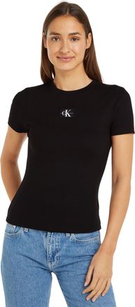 Calvin Klein Jeans Damen T-Shirt Kurzarm Woven Label Rib Rundhalsausschnitt, Schwarz (Ck Black), XXS