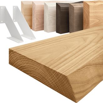 Lamofootwear Manufaktur Wandregal Holz Baumkante | Regal Farbe: Rustikal | mit weißem Vintage Regalträger | 140 cm