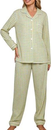 Minetom Ensembles de Pyjama Femme 2 Pi&egrave;ces Bouton V&ecirc;tements de Nuit &Agrave; Carreaux Manches Longues Col V Chemise et Pantalon Style Y03 42