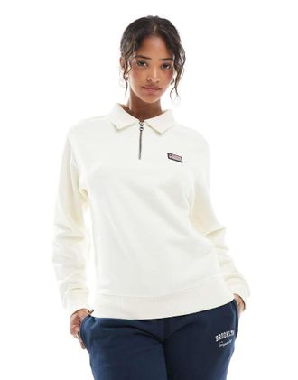 Superdry Athletic Essentials - Pullover in Wollweiß mit Kragen und kurzem Reißverschluss