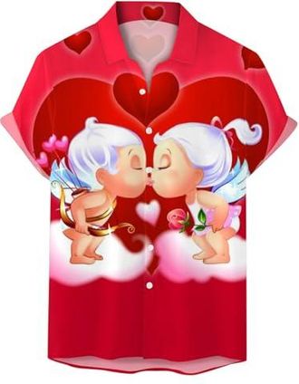 Generic Chemise de Saint-Valentin pour homme - Costume de Saint-Valentin - Coeur &agrave; manches courtes - Coeur Cupidon - Impression cl&eacute; - D&eacute;contract&eacute; - Respirant 