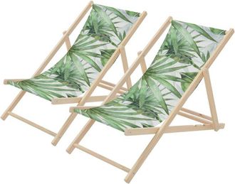 ECD Germany ECD Germany Lot de 2 Chaises Longues Pliantes en Bois Chiliennes, Motif Palmier, Vert-Blanc, Dossier R&eacute;glable, 3 Positions de Couchage, jusqu&agrave; 120