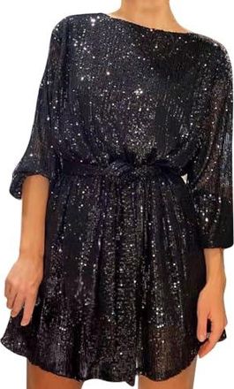Generic Robe &agrave; paillettes &agrave; manches longues pour femme, Noir, XXL