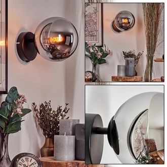 HOFSTEIN Wandleuchte Koyoto, Wandlampe aus Metall/Glas in Schwarz/Chrom-/Rauchfarben, moderne Leuchte im Retro/Vintage-Design (&Oslash; 15 cm), E14, Wohnzimmer, Schla