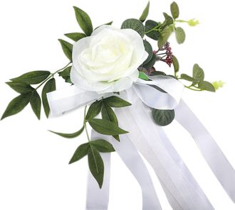 Generic Elegante Stuhllehnen-Blumendekoration f&uuml;r Hochzeitszeremonien, mit Bindf&auml;den Umwickeltes Seidenblumenmuster mit Band, Lang Anhaltende Sch&ouml;nheit, Wei&szlig;/