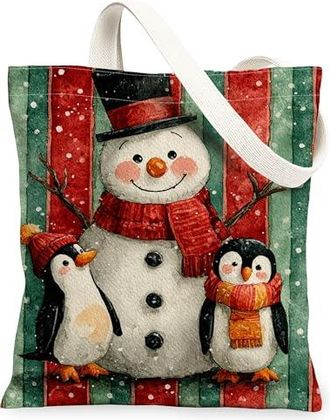Generic Sacs fourre-tout en toile motif bonhomme de neige pingouin - Réutilisables - Légers et lavables - Pour voyage, pique-nique - 33 x 38 cm