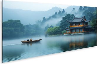 Islandburner Bild auf Leinwand Nebeliger Morgen im chinesischen Tempel mit Boot Bilder Wandbilder Poster
