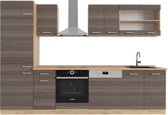 Vicco Küchenzeile R-Line, Küchenblock, Edelgrau/Goldkraft Eiche, 300 cm, AP Eiche