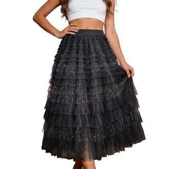 Generico Jupe tutu longue en tissu maille, taille &eacute;lastique jusquau genou, jupe maxi irr&eacute;guli&egrave;re pour f&ecirc;tes et robe de bal en tulle pour femme, Noir, Taille Un
