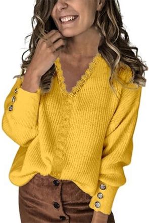 Generic Pull d&eacute;contract&eacute; en dentelle et col en V pour femme - Couleur unie - L&eacute;ger - Pour un usage quotidien, jaune, XXL