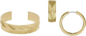 Fossil Damen Manschettenarmband und Ohrringe Harlow Linear Texture, goldfarbener Edelstahl