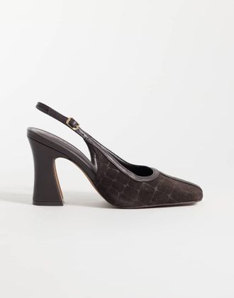 Asos Pristine Premium-Slingback-Pumps aus echtem Wildleder mit Blockabsatz in Schokobraun im Kroko-Look