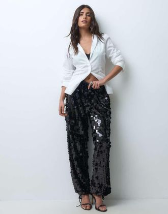 Never Fully Dressed pantalon ballon &agrave; sequins disque, taille &eacute;lastiqu&eacute;e, noir